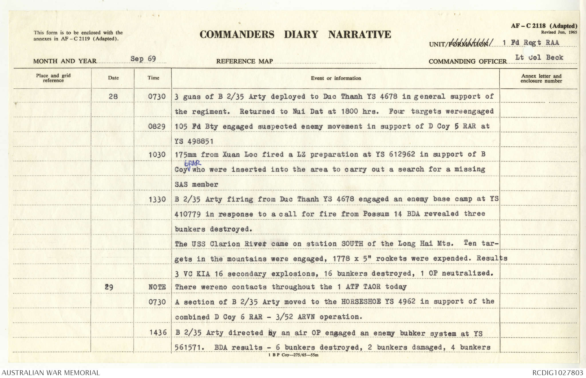 AWM95 3/6/18 - 1-30 September 1969, Narrative | Australian War Memorial
