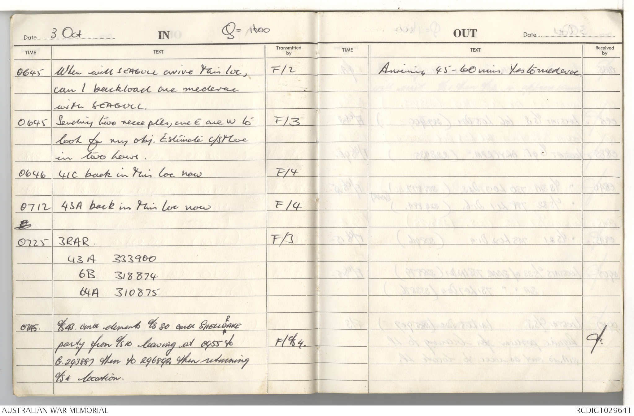 AWM95 7/1/94 PART 2 - 3-5 October 1968, Duty Officer's log, Operation ...