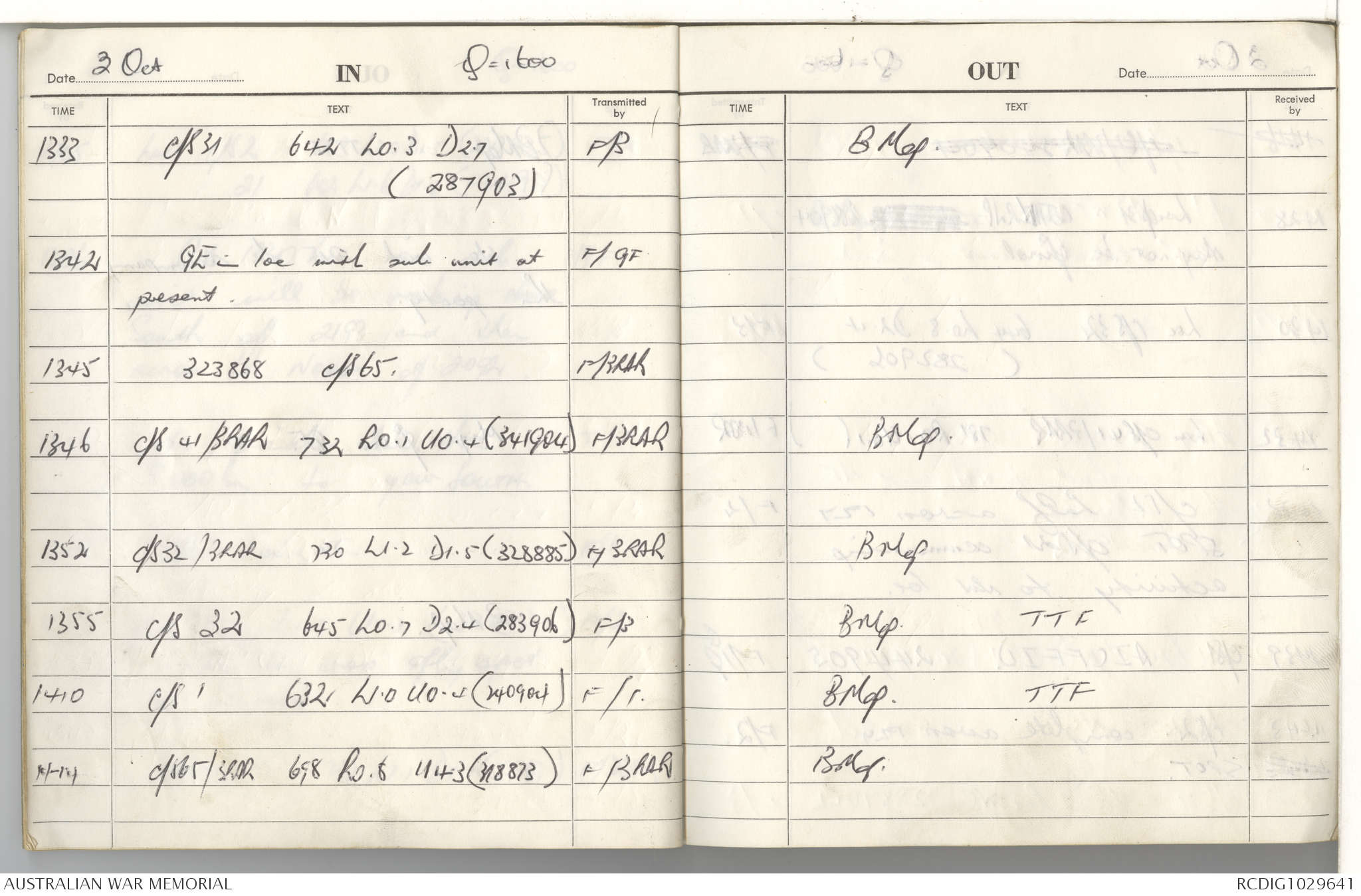 AWM95 7/1/94 PART 2 - 3-5 October 1968, Duty Officer's log, Operation ...