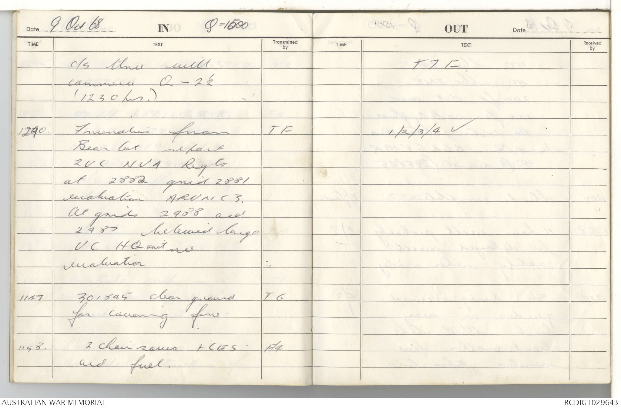 AWM95 7/1/94 PART 4 - 9-11 October 1968, Duty Officer's log, Operation ...