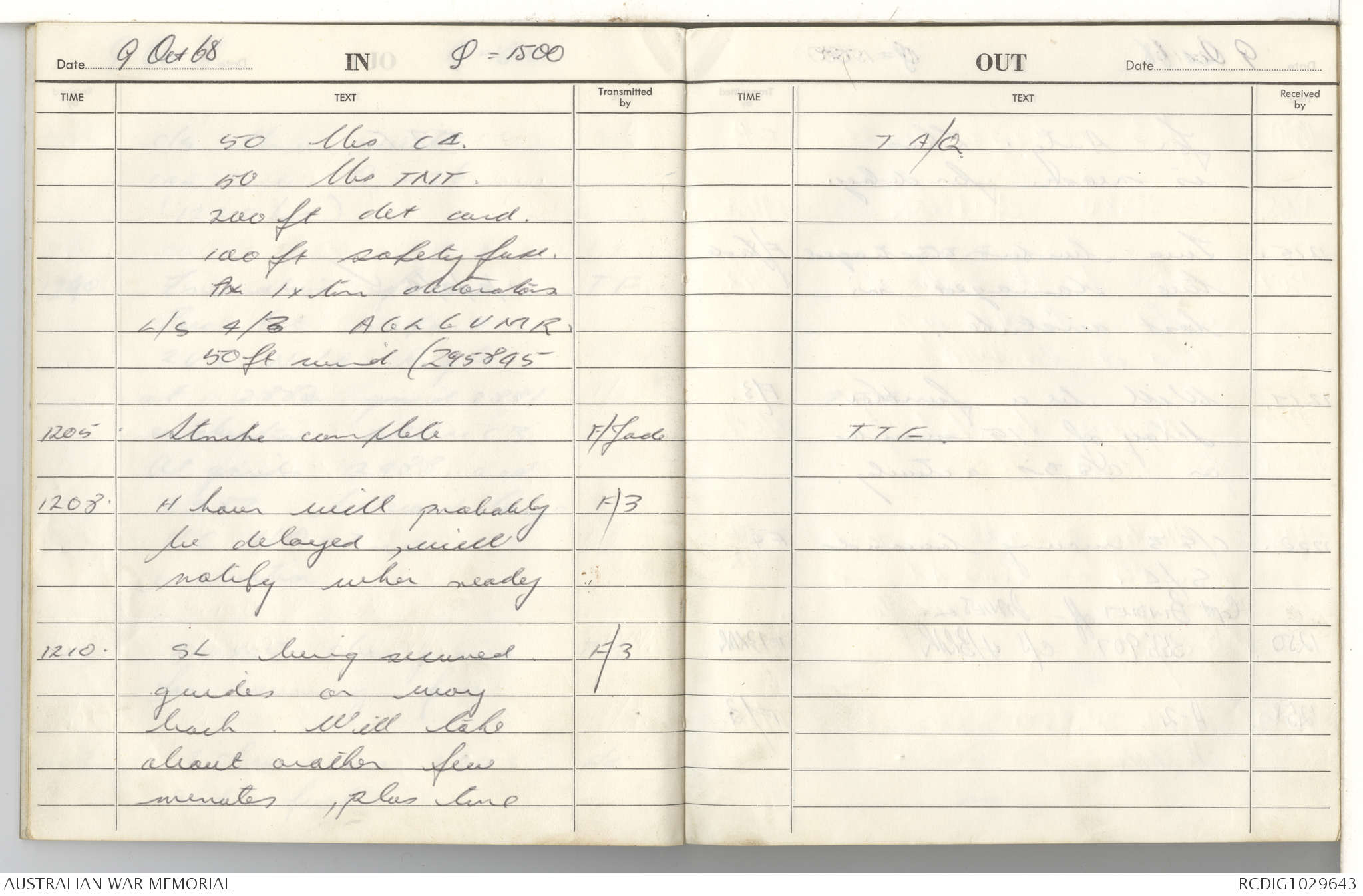 AWM95 7/1/94 PART 4 - 9-11 October 1968, Duty Officer's log, Operation ...