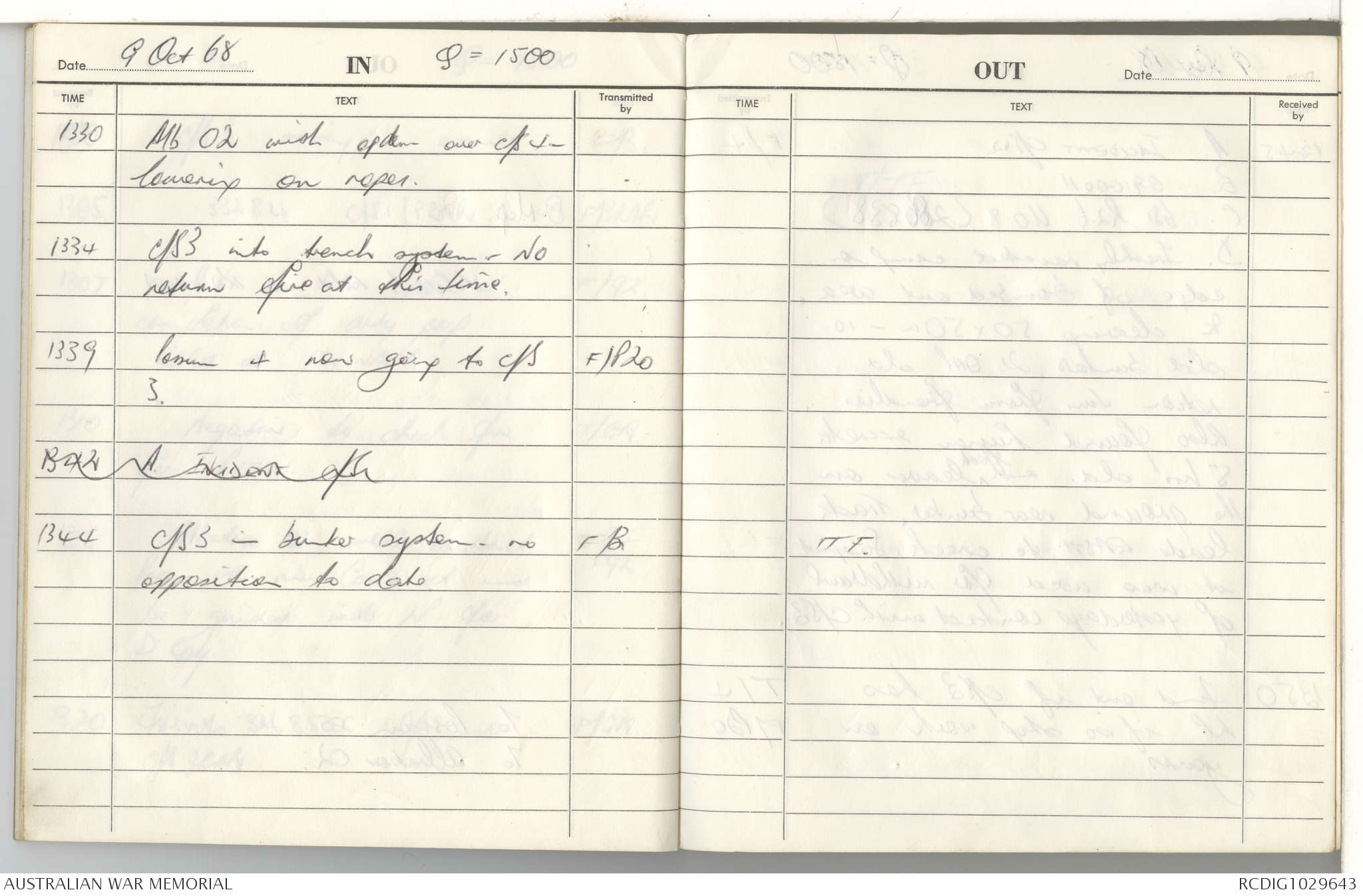 AWM95 7/1/94 PART 4 - 9-11 October 1968, Duty Officer's log, Operation ...