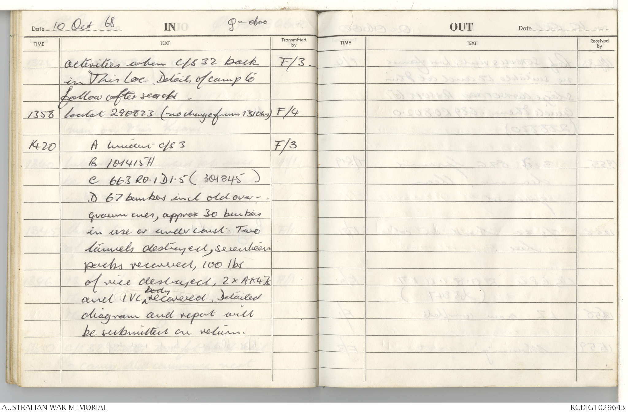 AWM95 7/1/94 PART 4 - 9-11 October 1968, Duty Officer's log, Operation ...
