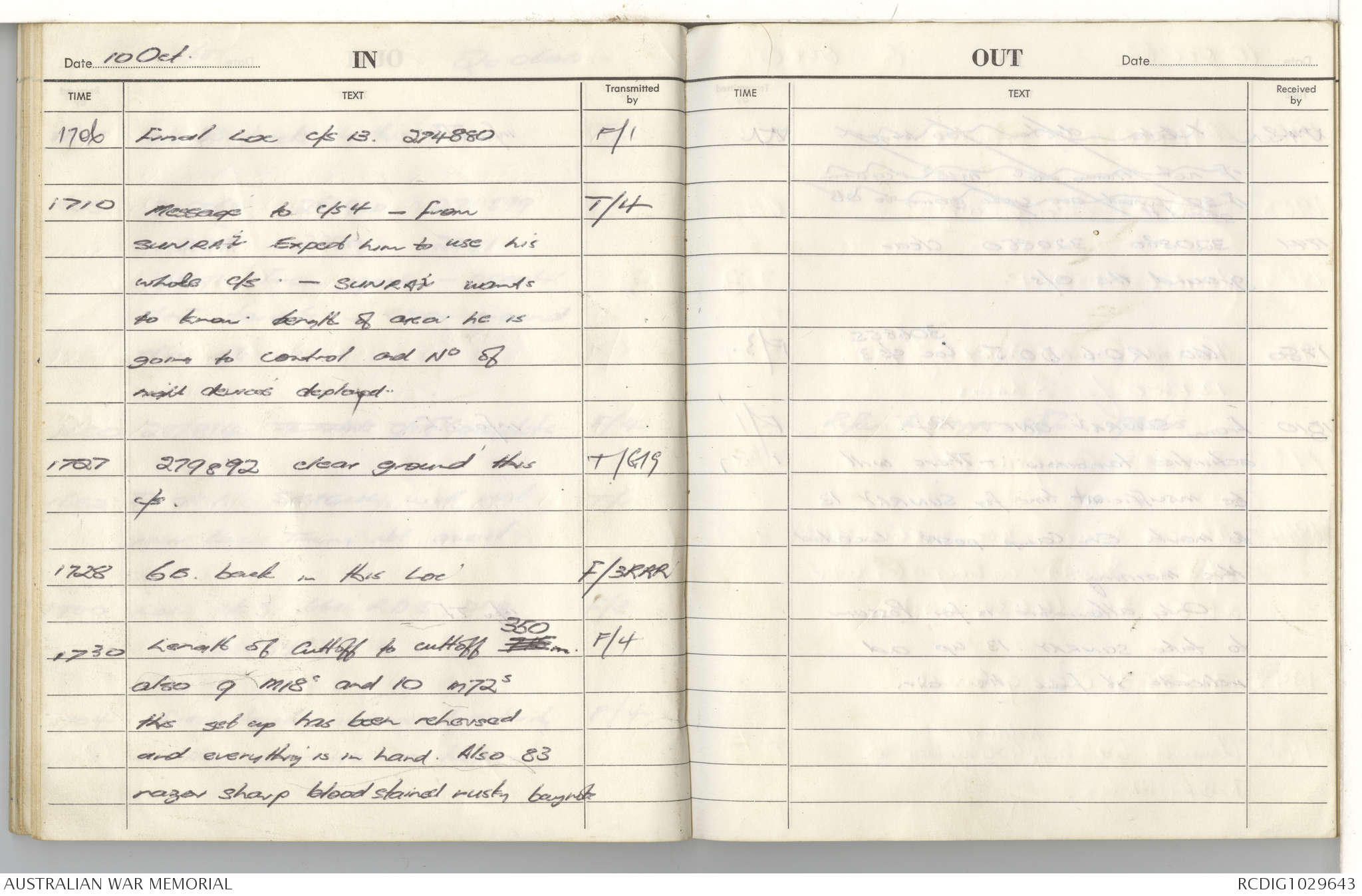 AWM95 7/1/94 PART 4 - 9-11 October 1968, Duty Officer's log, Operation ...