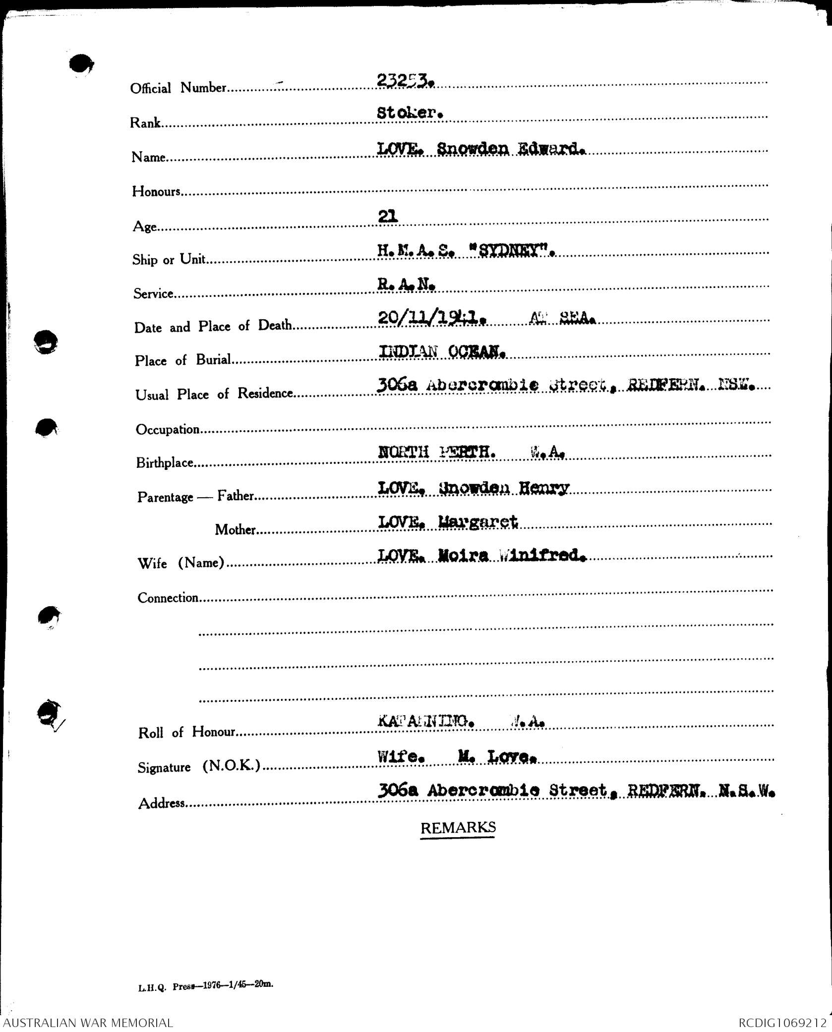 AWM108 106 - Roll of Honour Circulars, 1939-1945 War: LOUIS, John ...
