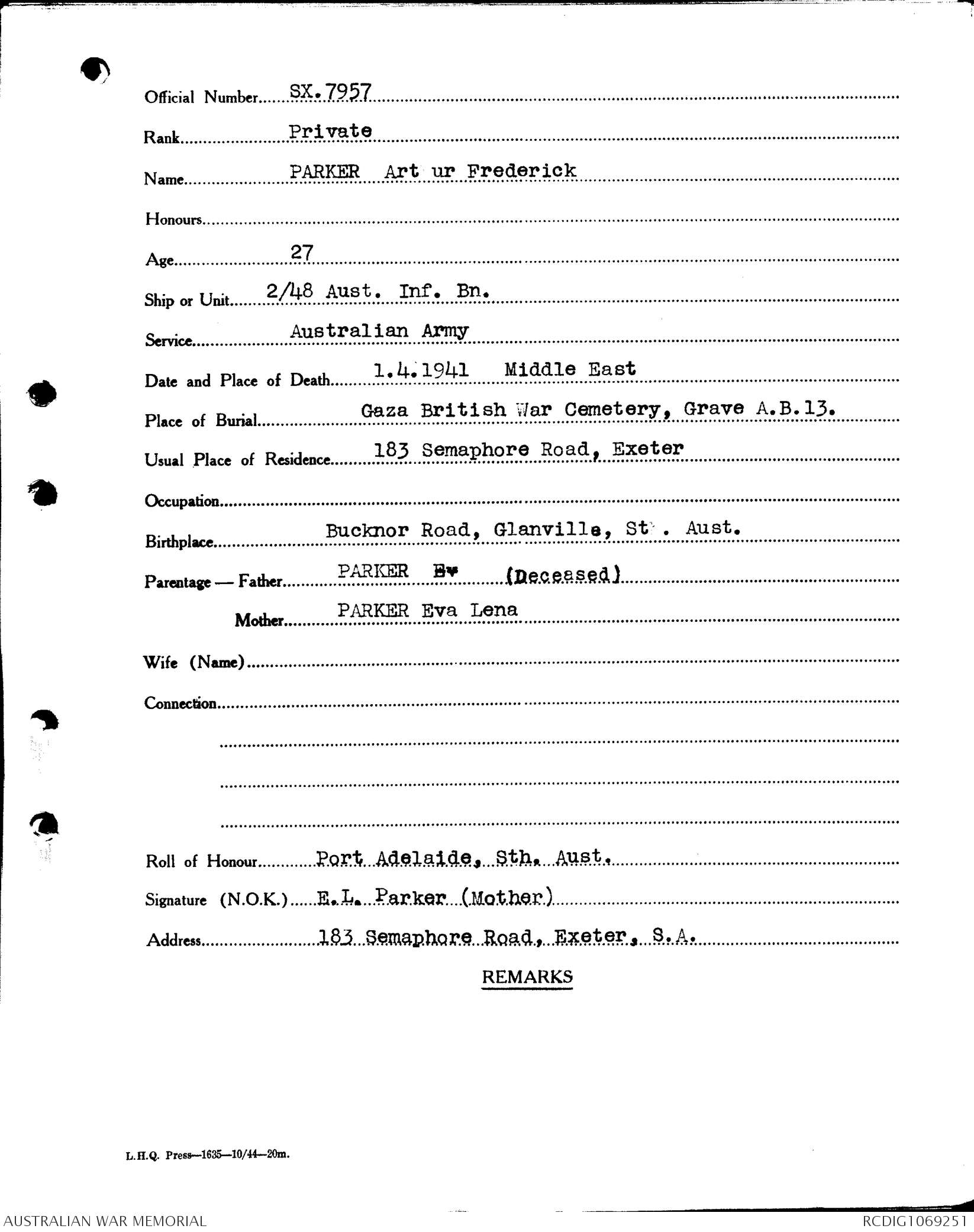 AWM108 145 - Roll of Honour Circulars, 1939-1945 War: PARKE, Edwin Roy ...