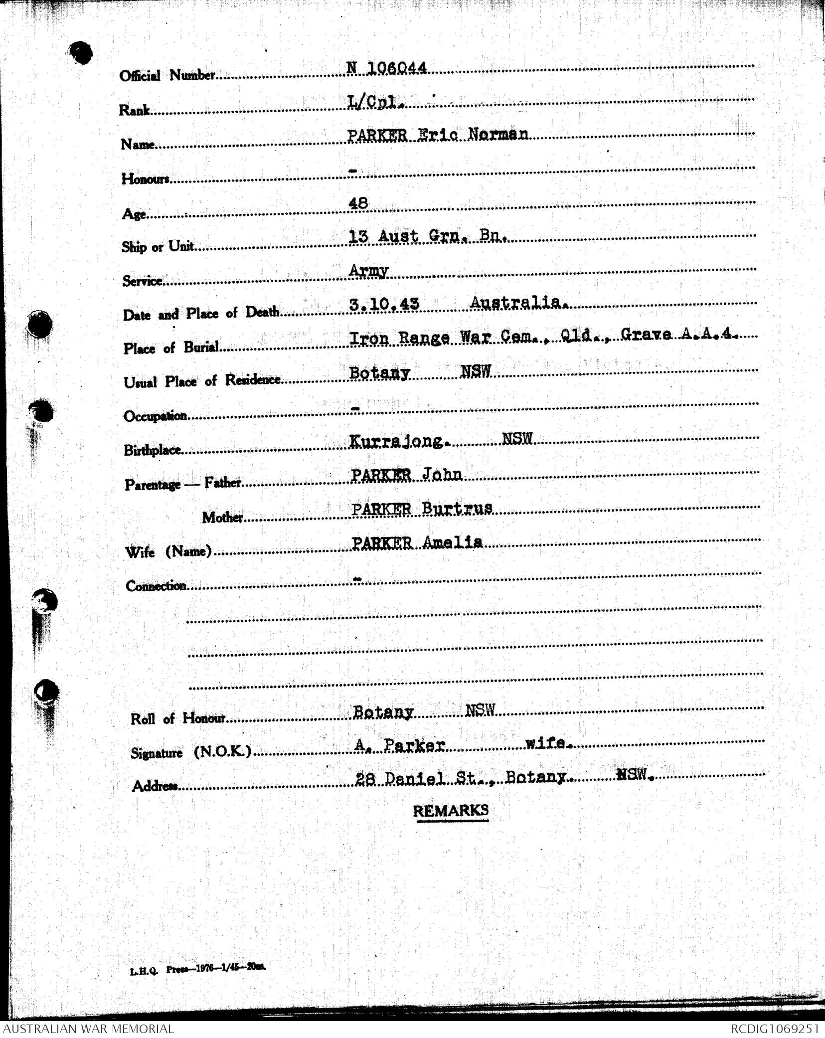 AWM108 145 - Roll of Honour Circulars, 1939-1945 War: PARKE, Edwin Roy ...