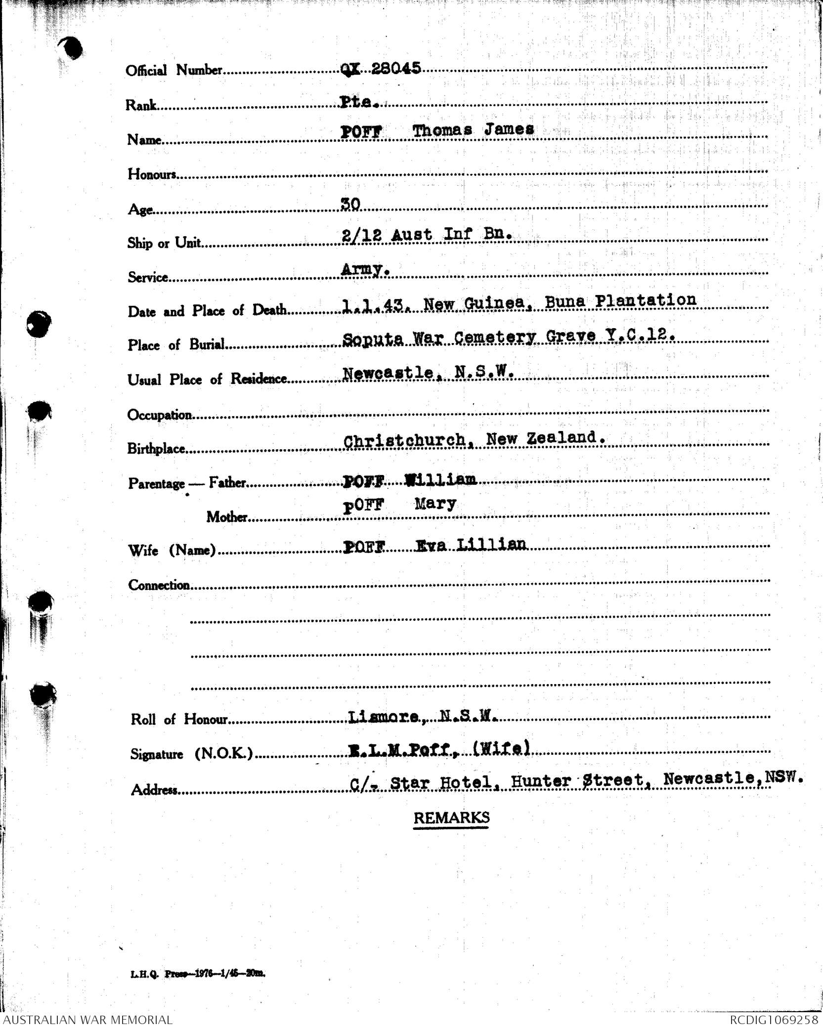 AWM108 152 - Roll of Honour Circulars, 1939-1945 War: PITTS, Alan James ...