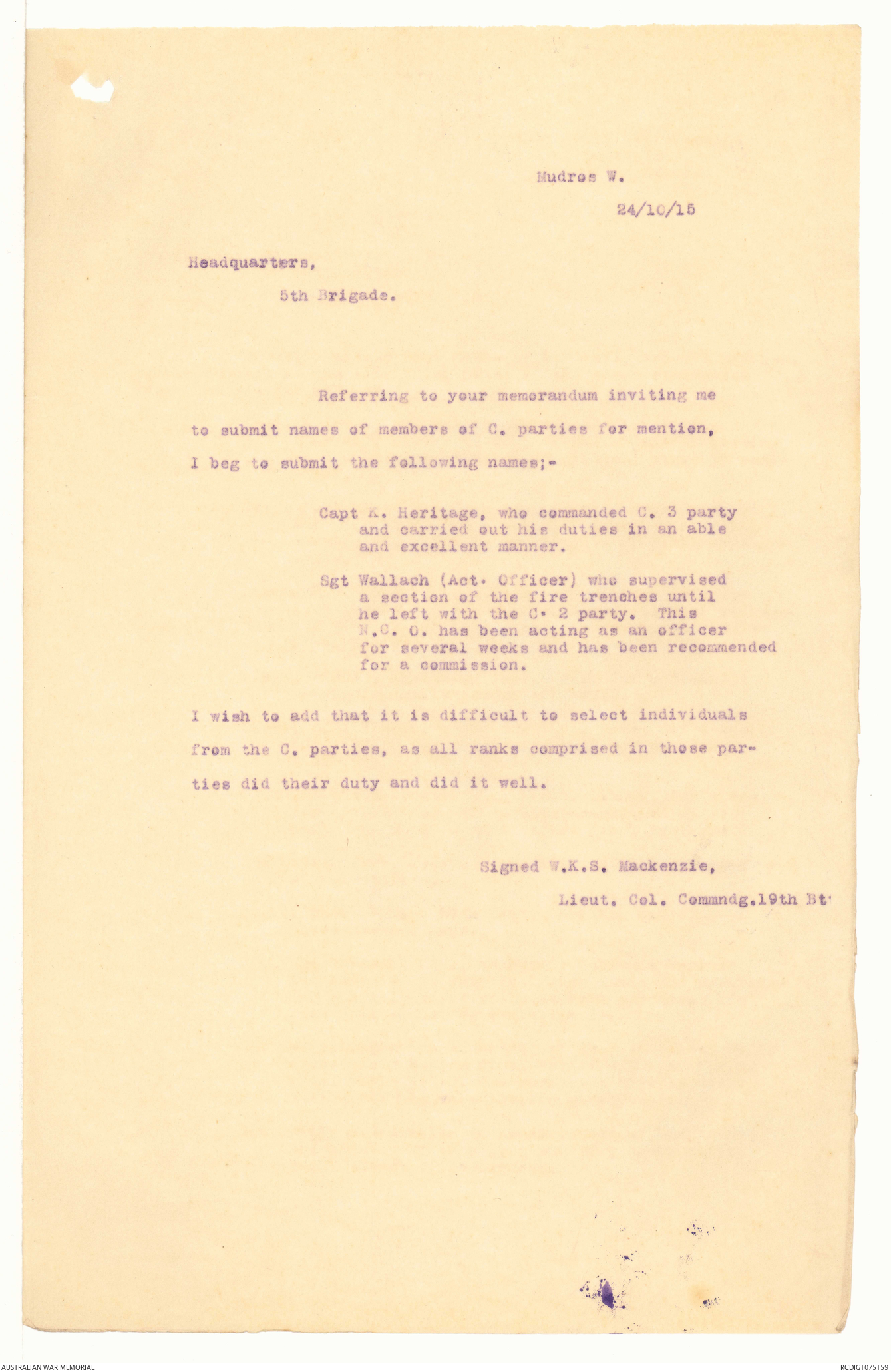 AWM25 367/152 - [Gallipoli] Report of Colonel J Paton VD (Officer ...