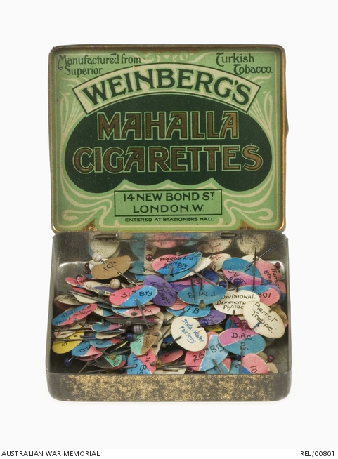 Brass tin with map pins : Major General J Monash, 3 Australian Division ...