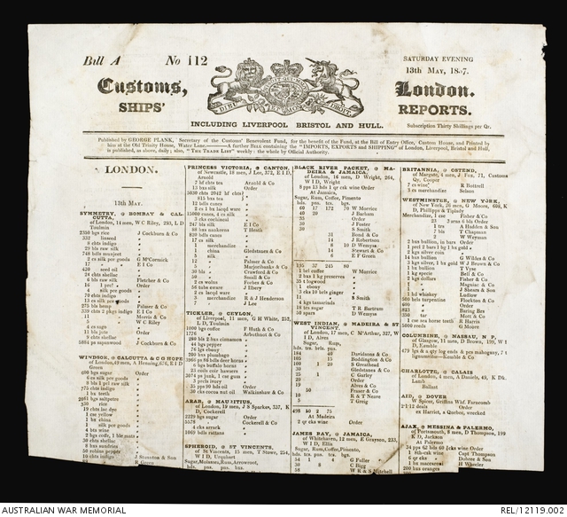 Part of an 1837 Ship's Reports broadsheet found in the lining of an ...