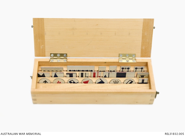 Box of formation signs for plotting set | Australian War Memorial