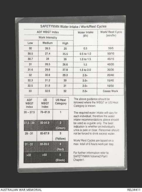 WBGT Index Card : Trooper R G J Khanlarian, 2 Cavalry Regiment ...