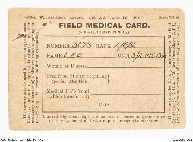Army Field Medical Card W3118 : Lance Corporal A H Lee, 3 Machine Gun ...