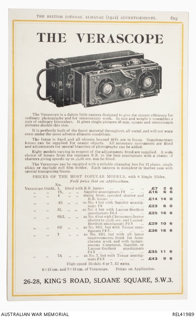 Advertisement and price list for the Verascope steroscopic camera ...
