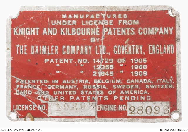 Engine ID Plate from MK IV Tank 'Adventuress' | Australian War Memorial