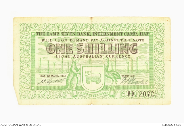 Australian Internment Camp one shilling note | Australian War Memorial