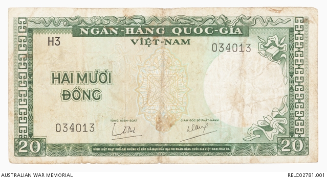 South Vietnamese 20 dong note: Private R J Barry, 6 Battalion Royal ...