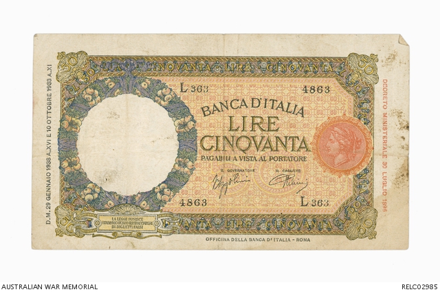 Italy : 50 Lire note : Lieutenant J R Millett, 2/11 Battalion ...