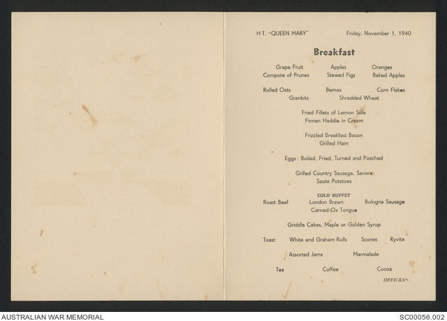 [Menu] H.T. Queen Mary. Breakfast. 1 November 1940 | Australian War ...