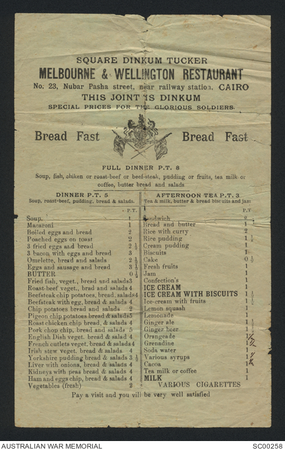 [Menu] Melbourne & Wellington Restaurant, Cairo | Australian War Memorial