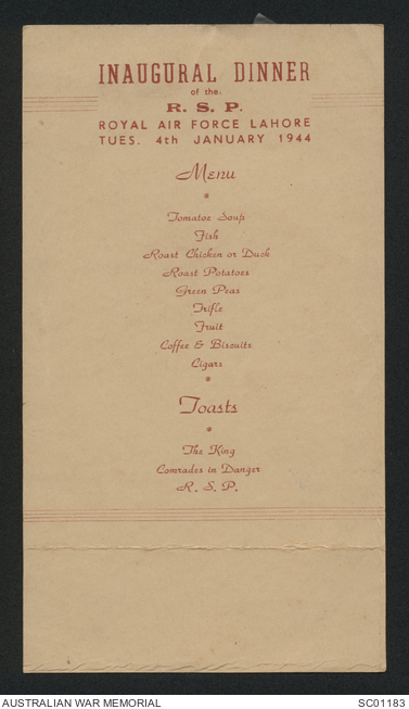 [Menu] Inaugural dinner [menu] of the R.S.P. Royal Air Force Lahore ...