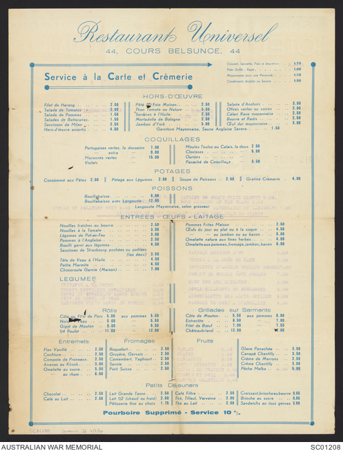 [Menu] from Universal Restaurant, Marseille | Australian War Memorial
