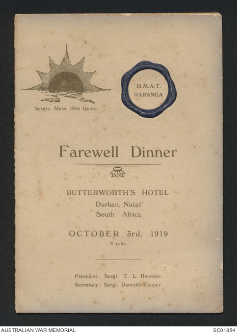 [Menu] Farewell dinner menu - HMAT Raranga | Australian War Memorial