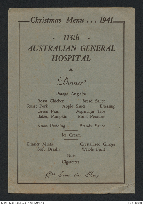 [Menu] Christmas menu 1941 - 113th Australian General Hospital ...