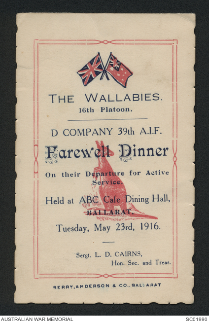 [Menu] Farewell dinner Menu, The Wallabies, D Company 39th Battalion ...