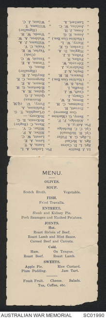 [Menu] Farewell dinner Menu, The Wallabies, D Company 39th Battalion ...