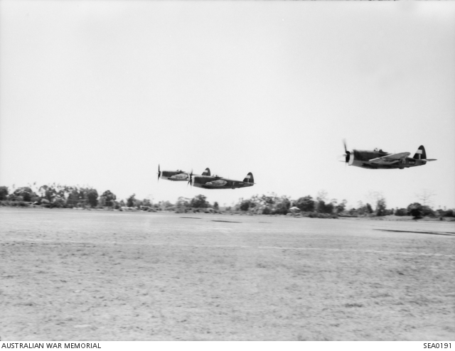 Ratnapalong, Arakan, Burma. c. 28 March 1945. Three RAF Thunderbolt ...