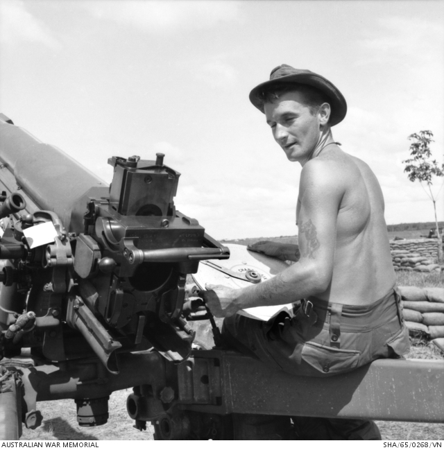 Bien Hoa, Vietnam. 1965. Gunner Rod Gardiner of Mitchelton, Brisbane ...