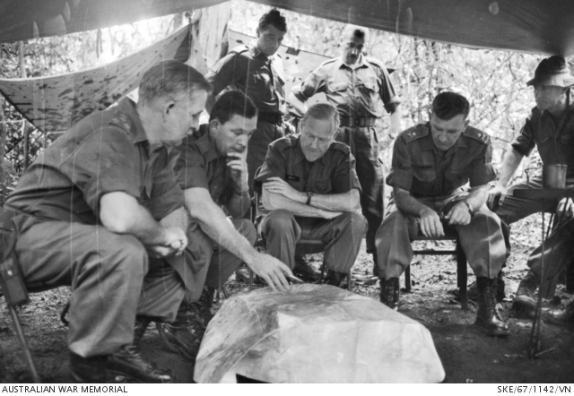 Vietnam. 1967-11. Round table conference during Operation Santa Fe. Seated, left to right ...