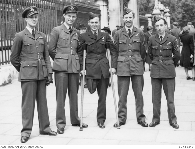 London, England. C. 1944-06-12. Group portrait of Flight Sergeant (F/Sgt) G. Charles ...