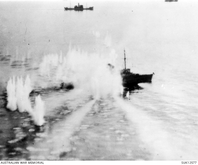 Holland. 1944-07-08. An escort vessel in an enemy convoy under cannon ...
