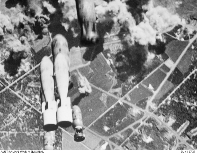 Holland. 1944-08-15. Bombs released from aircraft of RAF Bomber Command ...