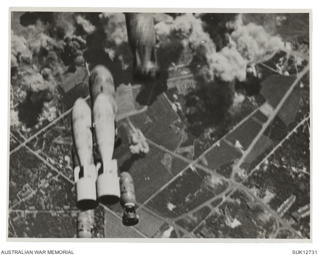 Holland. 1944-08-15. Bombs released from aircraft of RAF Bomber Command ...