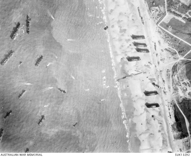 Arromanches, Normandy, France. C. 1944-11. An artificial harbour formed ...