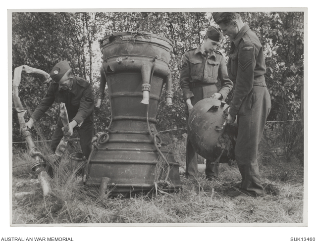 The jet unit of a German V.2 rocket which fell and exploded in a field ...
