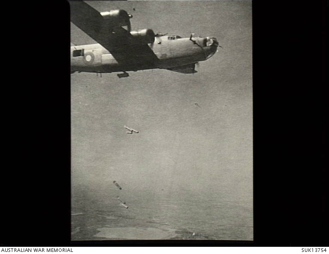 Armapura, Burma. C. 1945-02. Bombs released from an RAF Liberator ...