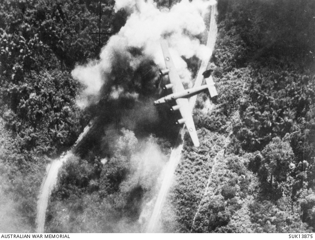 Burma. C. 1945-02. An action picture of an attack on a bridge. The bomb ...