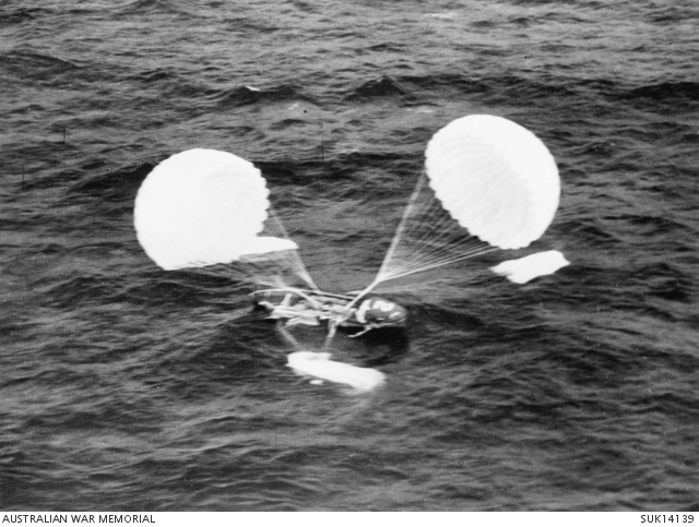 At Sea. C. 1945-04. The airborne lifeboat righting itself just after ...