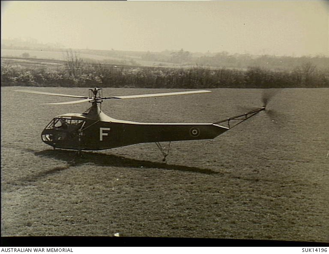 England. C. 1945-04. The tail of a Sikorski R4 helicopter lifts as the ...