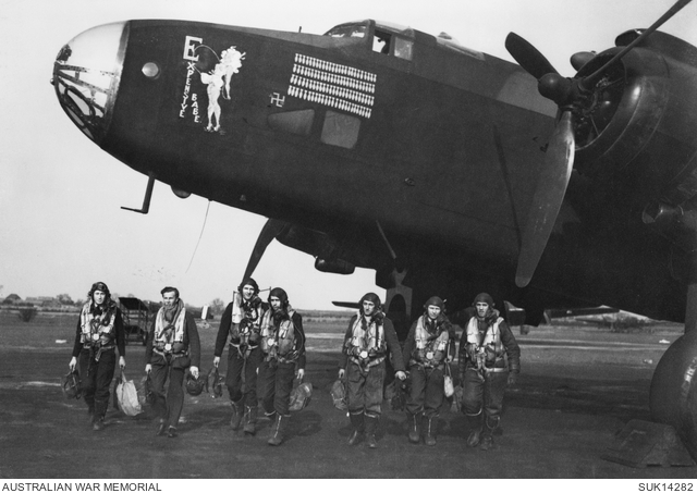 England. C. 1945-05. Crew of Halifax heavy bomber aircraft "E" for Easy ...