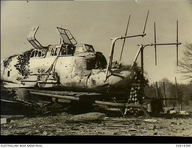 Rheine, Germany. C. 1945-04. A damaged Messerschmitt Me.110 on trailer ...