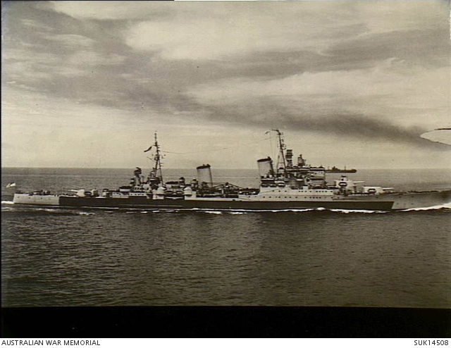 At Sea. 1945-07-14. HMS Birmingham, the British cruiser which with six ...