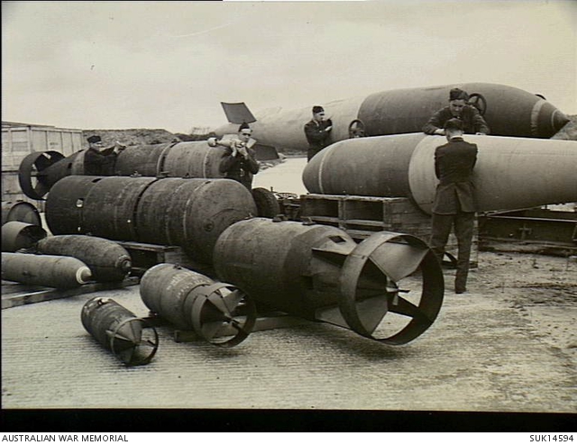 England. 1945-08-05. A collection of RAF bombs, ranging from the 40 ...