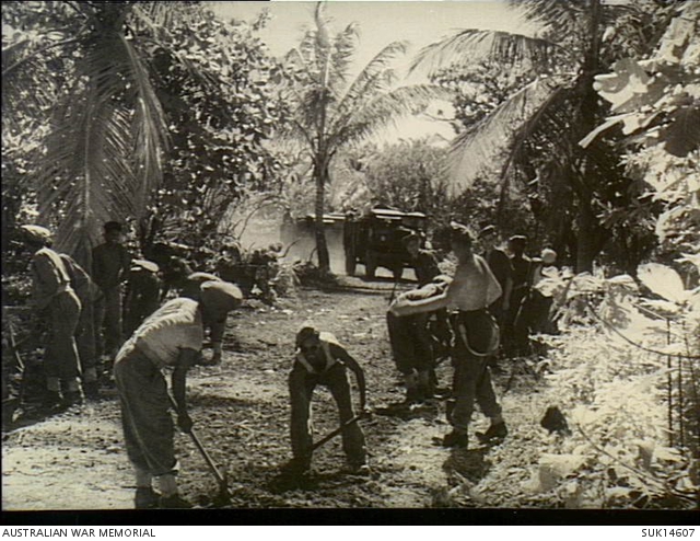 Cocos Island. C. 1945-04. Indian Army engineers building a road through ...