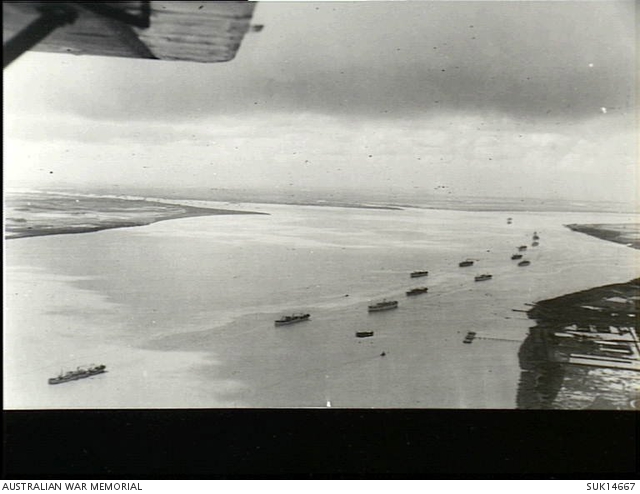 Rangoon, Burma. C. 1945-08. Part of a large convoy bound for Singapore ...